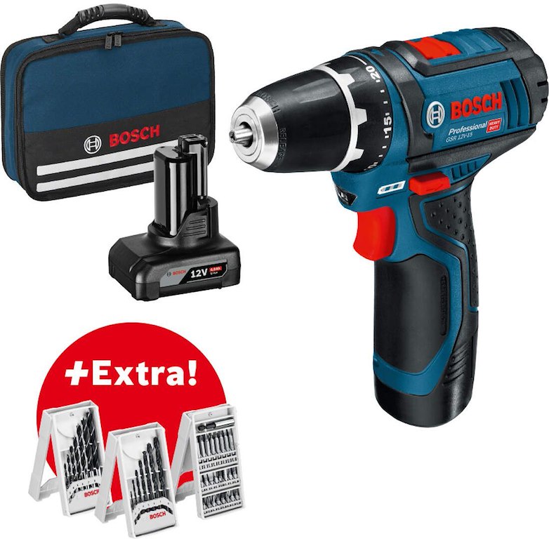 BOSCH Akumulatorska bušilica-odvrtač GSR 12V-15; 2,0Ah + 4,0Ah bat. + 39-delni set pribora (0615990G6L)