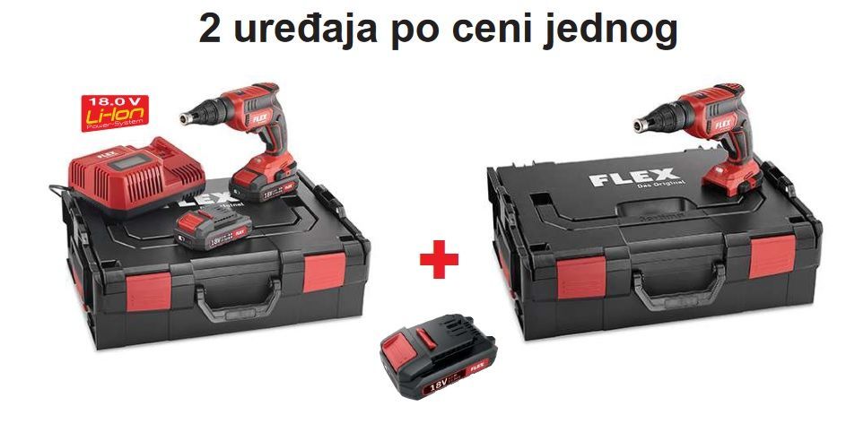 FLEX SET 2x aku. zavrtač šauber za gips vijke 18V-2.5h (DW 45 18.0-EC/2.5)