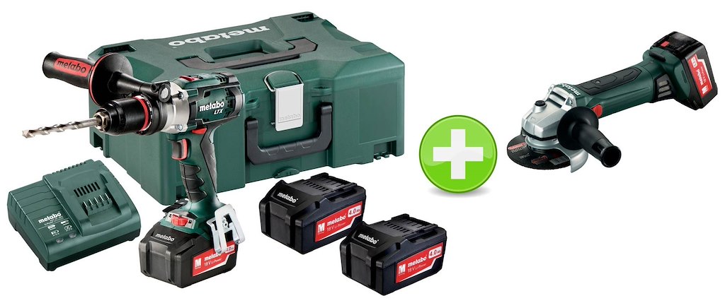 SET Aku. vibraciona bušilica odvrtač - 18 V/3 x 4,0 Ah/110 Nm - SB 18 LTX Impuls + Aku. ugaona brusilica W18 LTX 125 - Metabo