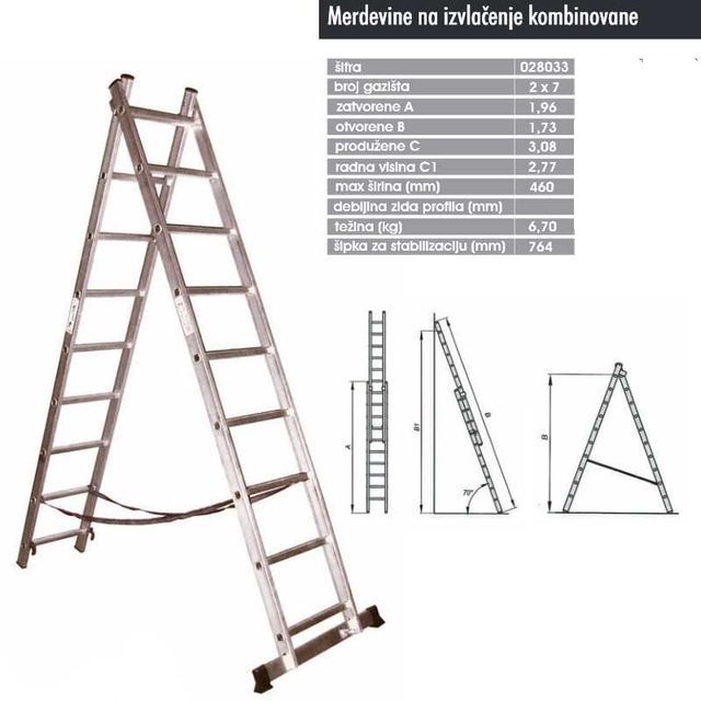 Aluminijumske merdevine kombinovane 2x7, 3.08m (028033)