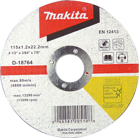 Brusni disk sa presovanim centrom za aluminium, metal, inox - 115x1.2x22.2 mm - Makita
Tehnički podaci
Simboli