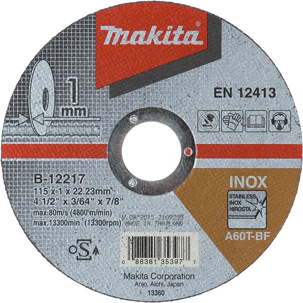 Tanak disk za odsecanje aluminiuma, metala, inoxa - 115x1x22.3 mm - Makita
Tehnički podaci
Simboli