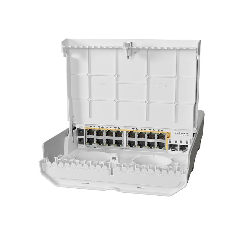 MikroTik netPower 16P outdoor PoE svič 16 x Gigabit LAN 802.3af/at + 2 x SFP+ slota, CPU 800MHz, 256MB RAM, VPN ruter/ firewall/ bandwith manager, dualBoot SwitchOS / RouterOS L5 (bez adaptera za ...