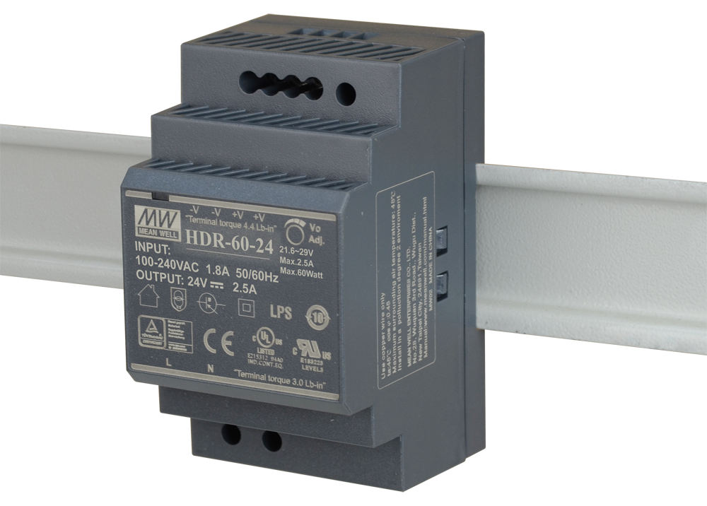 D-Link DIS-H60-24 industrijsko napajanje 24VDC/60W, DIN montažno ultra-slim 52.5mm (3SU) kućište, short circuit / overload / over voltage zaštita, Class II izolacija, LPS sertifikat, -30~70°C