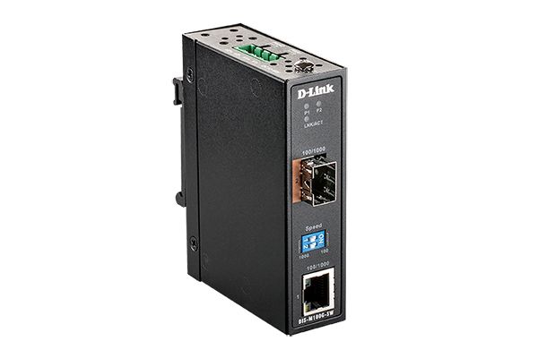 D-Link DIS-M100G-SW industrijski media konverter 10/100/1000Mb/s na SFP slot, redundanti terminal za 12~48VDC napajanje (kupuje se posebno), IP30 DIN/wall kućište, bez vetilatora, radna temp. -40~70°C