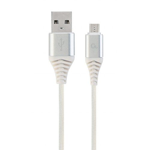 Gembird Premium cotton braided Micro-USB charging and data cable, 1 m, silver/white | CC-USB2B-AMmBM-1M-BW2