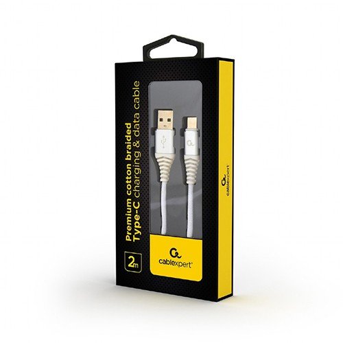 Gembird Premium cotton braided Type-C USB charging and data cable, 2 m, silver/white | CC-USB2B-AMCM-2M-BW2