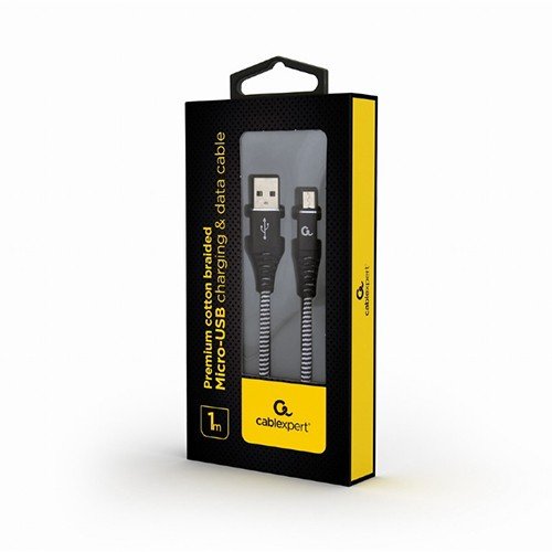 Gembird Premium cotton braided Micro-USB charging and data cable, 1 m, black/white | CC-USB2B-AMmBM-1M-BW