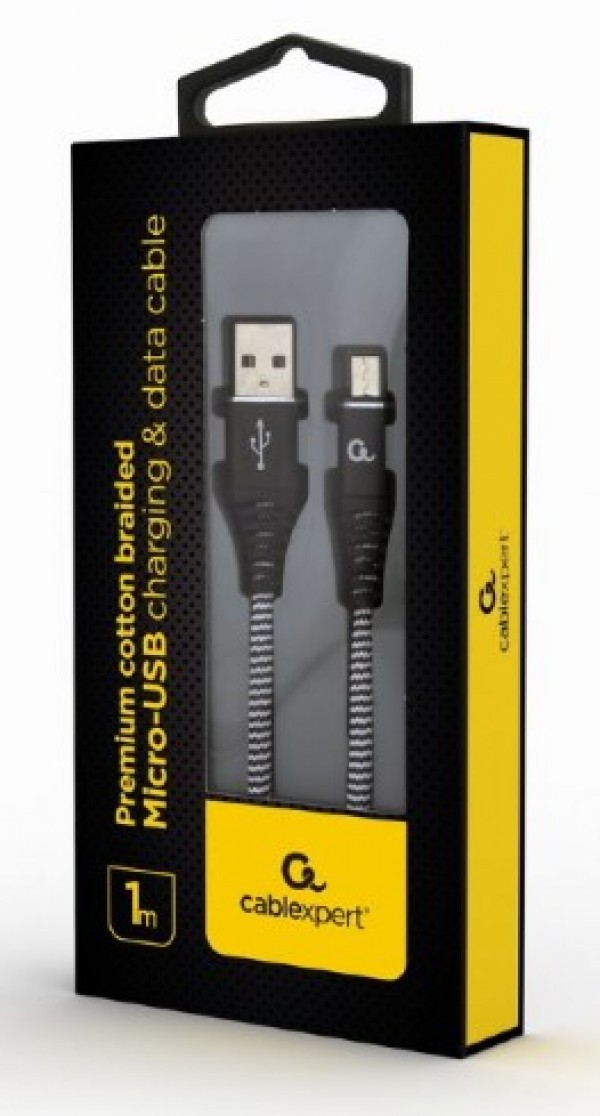 CC-USB2B-AMmBM-1M-BW Gembird Premium cotton braided Micro-USB charging - data cable,1m, black/white