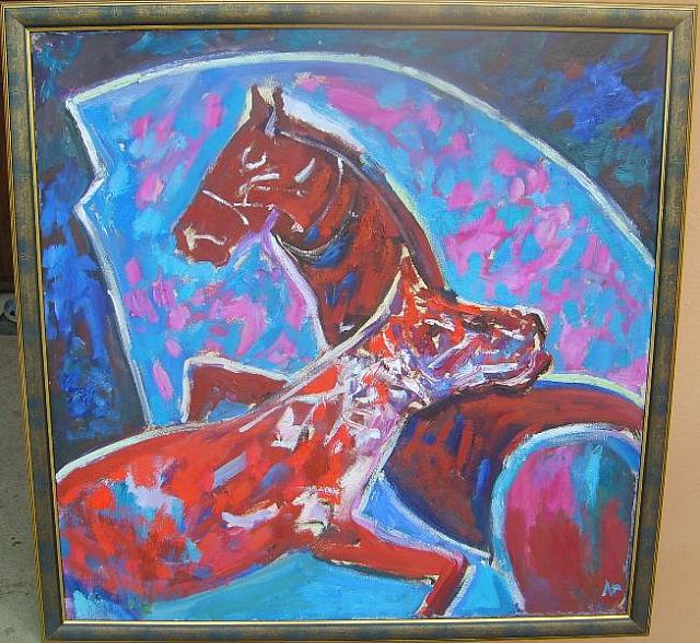 Konji, ulje na platnu uramljena, akademski Tatalovic, 100×100 cm, 500 evra