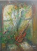 Prozor sa violinom i golubovima, ulje na platnu, 80×60 cm, Momcilo Moma Fundup, 250 eura
