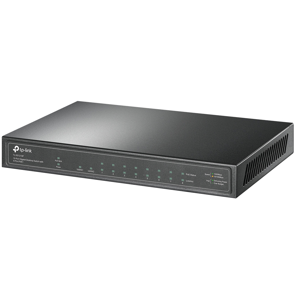 TP-Link TL-SG1210P PoE+ svič 8-port Gigabit 10/100/1000Mb/s 802.3af/at do 63W (30W po portu) + Gigabit LAN + Gigabit SFP slot, metalno desktop kućište, 802.1p/DSCP QoS, Fanless