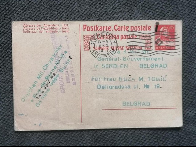 DOPISNA KARTA / ŽENEVA - BEOGRAD 1917