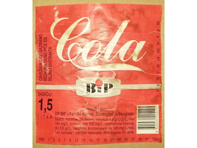Etiketa `BIP` Cola Jugoslavija