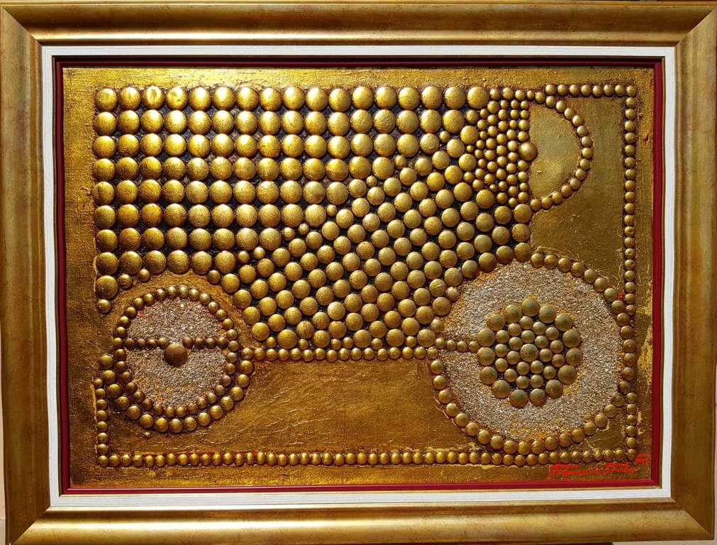 Balans, Dusko Trifunovic, sa 63×83 cm, bez 50×70 cm, metalne nitne pozlata i ulje na platnu, sertifikat, 900 eura