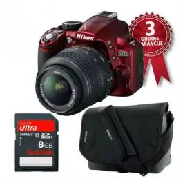 Digitalni fotoaparat D3100 + 18-55VR + NIKON CF-EU 05 + SANDISK 8GB ULTRA II crveni