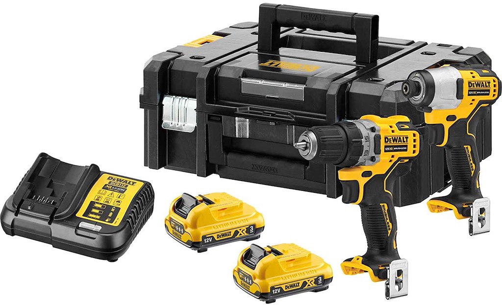 DeWalt-set akumulatorske bušilica-udarnog odvijaca DCK2110L2T (DCD701 + DCF801 + 2 x baterija 12V/3Ah + punjač + kofer)