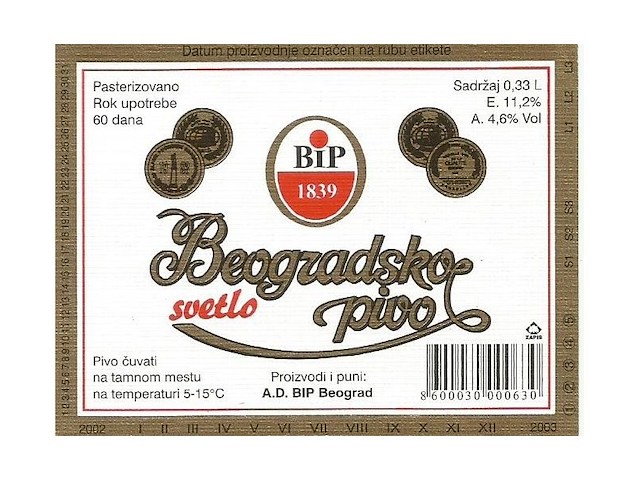 BIP Beogradsko Pivo 0.33 pivska etiketa