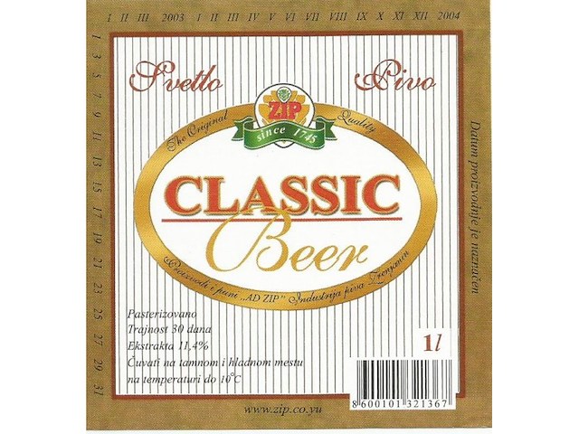 Classic Beer AD ZIP Zrenjanin 1 lit etiketa Svetlo Pivo