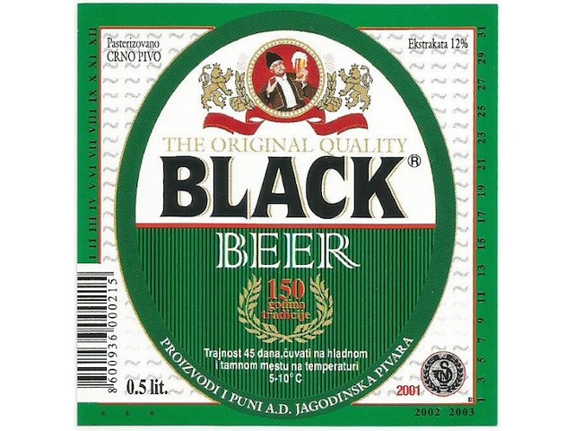 BLACK BEER Jagodinska Pivara pivska etiketa 0.50