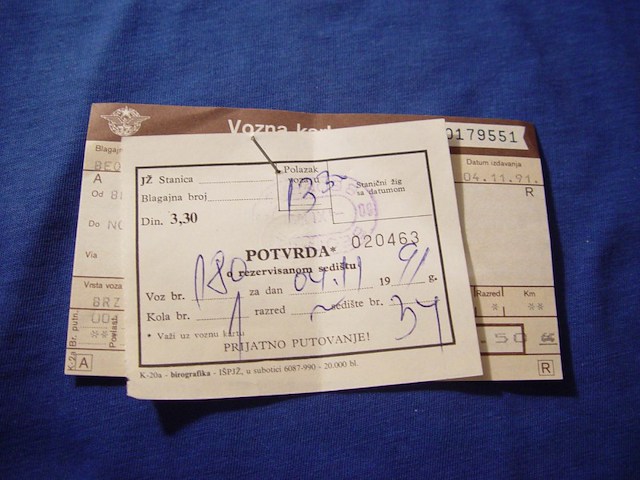 vozna karta JŽ 1991, BG NS + rezervacija