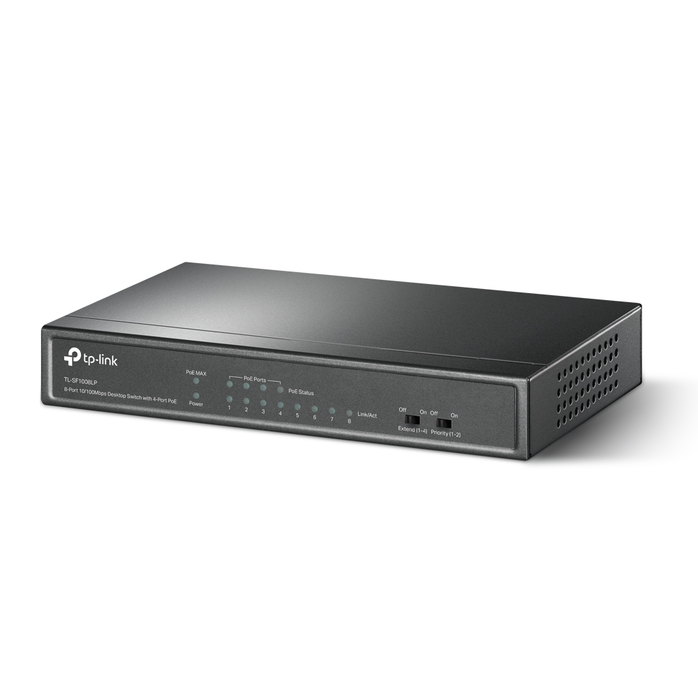 TP-Link TL-SF1008LP PoE svič 8-port 10/100Mb/s, 4 PoE porta 802.3af do 41W (15.4 W po portu), PoE Port Priority Function - Overload Arrangement, 802.3x flow control, extend mode do 250m