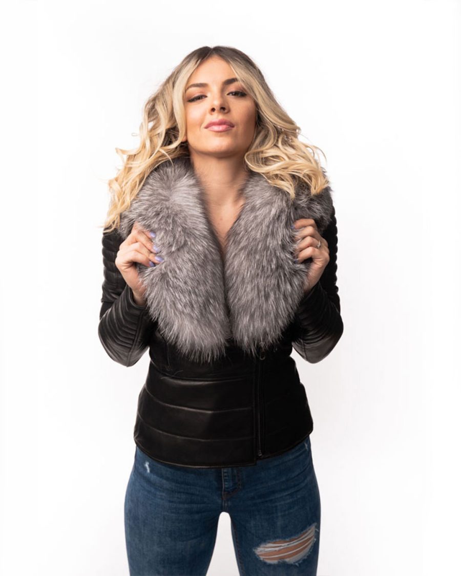 Ženska kožna jakna sa krznom – Bella – Crna, krzno polarne lisice