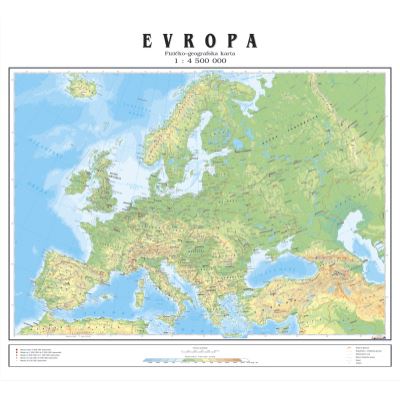 EVROPA - FIZ-GEO. - Zidna karta na baneru fizićko-geografska; cir ili lat. Razmera: 1:3 780 000 Dimenzije: 1600 x 1420 mm