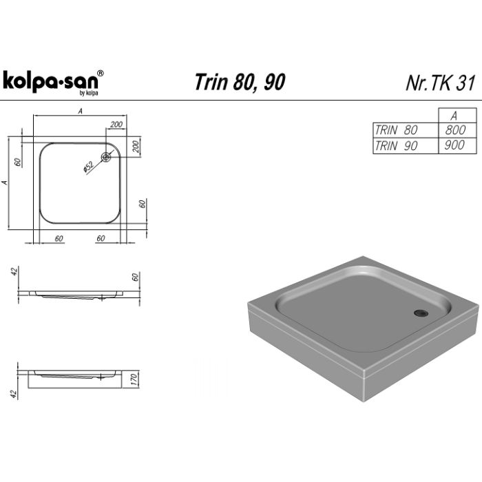 Kolpa 80x80 K TRIN tuš kada