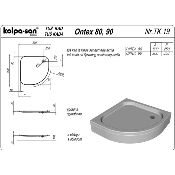 Kolpa 80x80 P ONTEX tuš kada