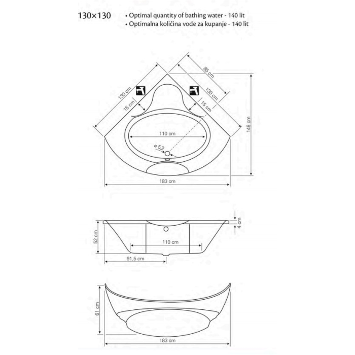 BALI ugaona kada 130x130 KOMPLET