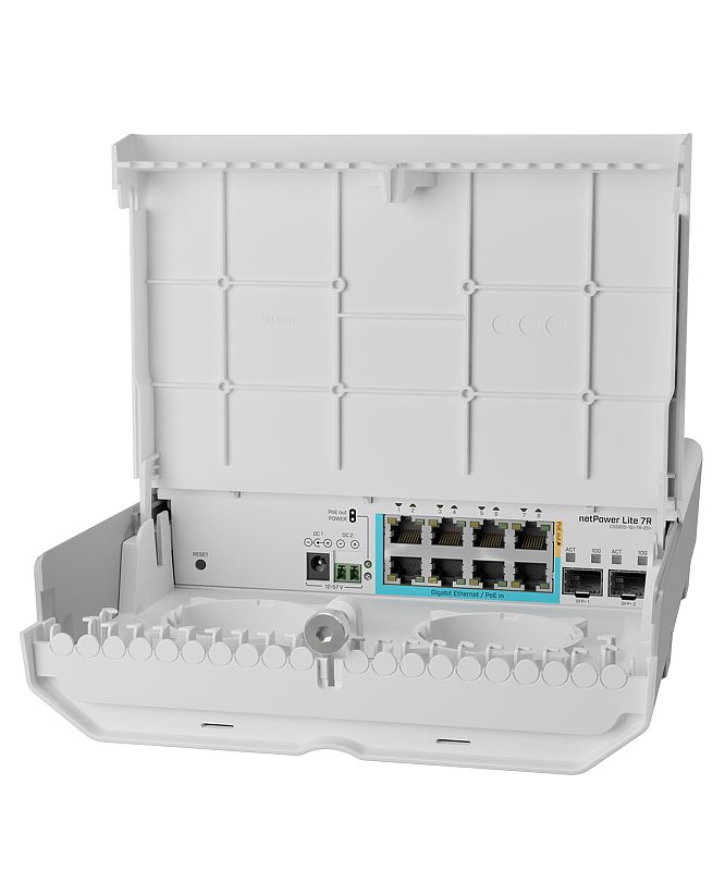 MikroTik netPower Lite 7R outdoor svič 8 x Gigabit LAN + 2 x SFP+ slota, 7 reverse Passive PoE-in portova, 1 x Passive PoE-out port, SwitchOS (bez adaptera za napajanje!)