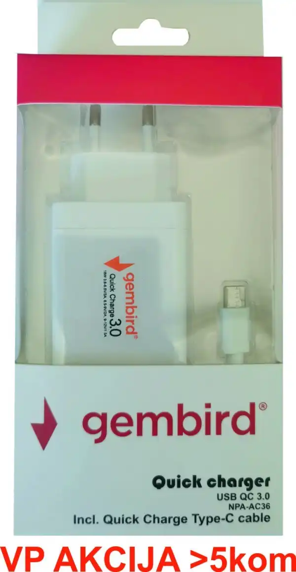 NPA-AC36 ** Gembird QC3.0 brzi punjac +Type C USB kabl,18W 3.6-6.5V/3A, 6.5V-9V/2A, 9V-12V/1.5A(407)