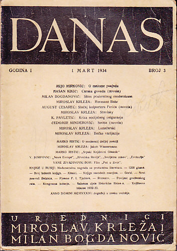 DANAS, književni časopis, broj 3 za 1934 godinu – urednici MIROSLAV KRLEŽA, MILAN BOGDANOVIĆ