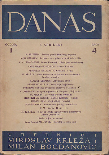 DANAS, književni časopis, broj 4 za 1934 godinu – urednici MIROSLAV KRLEŽA, MILAN BOGDANOVIĆ