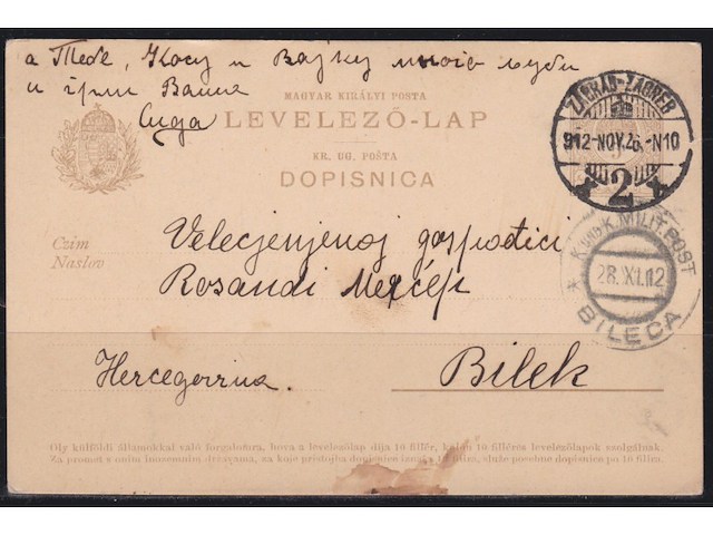 Madjarska Hrvatska 1912 postanska celina Zagrab-Bileca