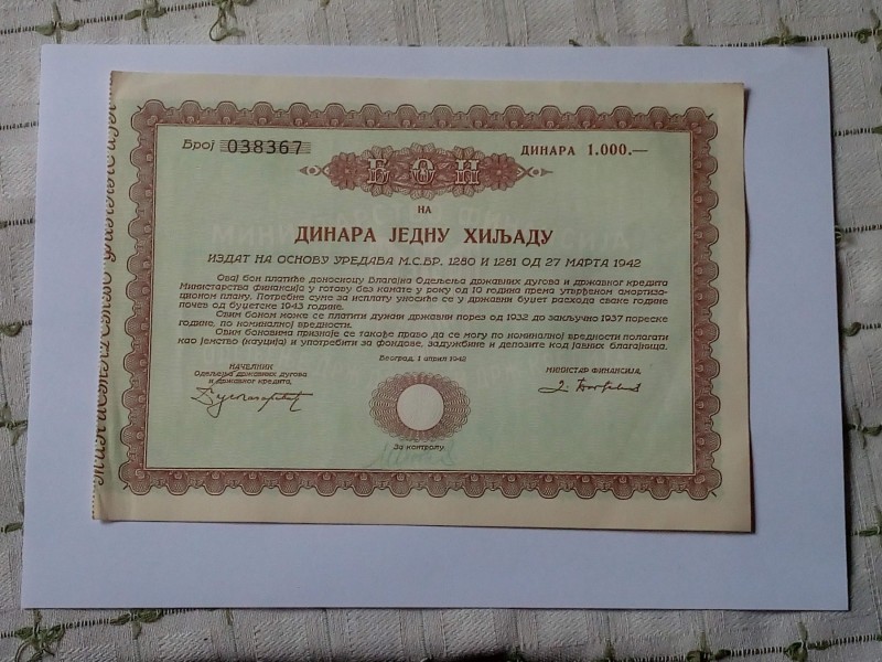 bon na 100 , 500 i 1000 Dinara 1942.g Srbija Okupacija