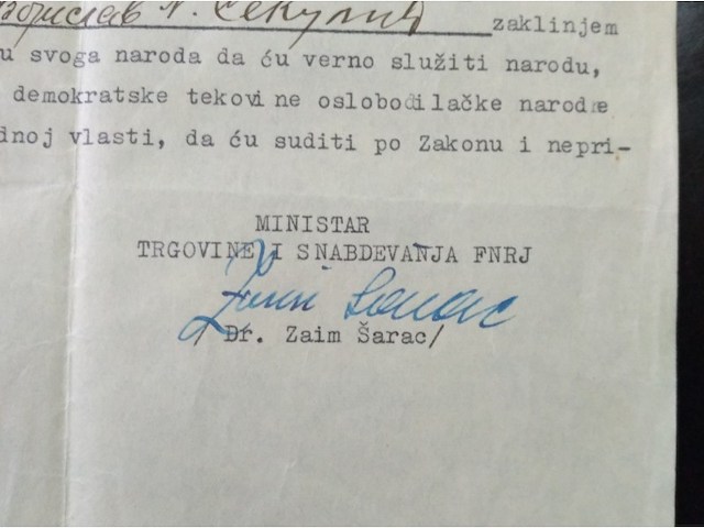ORIGINALNI POTPIS - ZAIM ŠARAC 1947