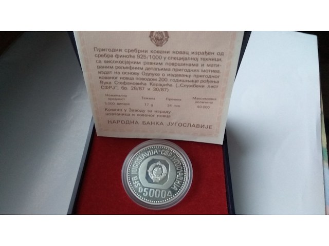 Srebro Vuk Karadzic 17g 1987. srebrenjak 5000 dinara