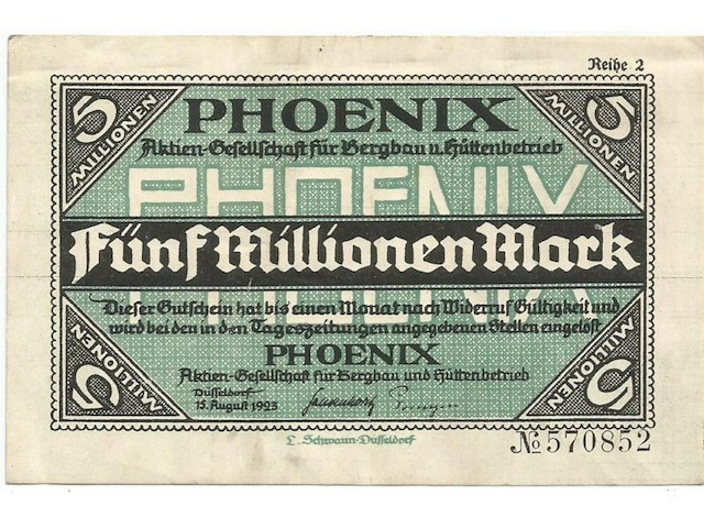 PHOENIX 5 millionen mark 1923. Lokalni novac