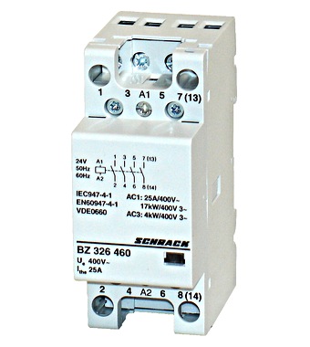 Instalacioni kontaktor AC1: 25A/400V, 4NO, 24VAC
serija BZ, 4-polni, širine 2 modula=35 mm tip R25–40 24