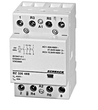 Instalacioni kontaktor AC1: 40A/400V, 2NO+2NC, 24VAC
serija BZ, 4-polni, širine 3 modula=54 mm tip R40–22 24