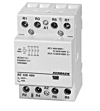 Instalacioni kontaktor AC1: 40A/400V, 4NC, 24VAC
serija BZ, 4-polni, širine 3 modula=54 mm tip R40–04 24