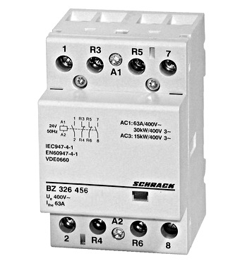 Instalacioni kontaktor AC1: 63A/400V, 2NO+2NC, 24VAC
serija BZ, 4-polni, širine 3 modula=54 mm tip R63–22 24