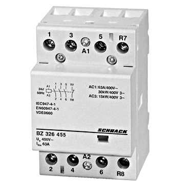 Instalacioni kontaktor AC1: 63A/400V, 3NO+1NC, 24VAC
serija BZ, 4-polni, širine 3 modula=54 mm tip R63–31 24