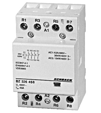 Instalacioni kontaktor AC1: 63A/400V, 4NC, 24VAC
serija BZ, 4-polni, širine 3 modula=54 mm tip R63–04 24