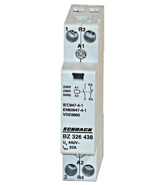Instalacioni kontaktor AC1: 20A/400V, 1NO+1NC, 230VAC
serija BZ, 2-polni, širine 1 modula=17,5 mm tip R20–11 230