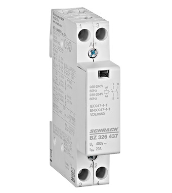 Instalacioni kontaktor AC1: 20A/400V, 2NO, 230VAC
serija BZ, 2-polni, širine 1 modula=17,5 mm tip R20–20 230