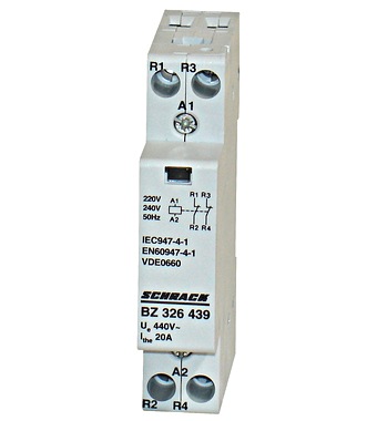 Instalacioni kontaktor AC1: 20A/400V, 2NC, 230VAC
serija BZ, 2-polni, širine 1 modula=17,5 mm tip R20–02 230