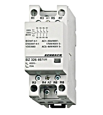 Instalacioni kontaktor AC1: 25A/400V, 4NC, 230VAC
serija BZ, 4-polni, širine 2 modula=35 mm tip R25–04 230